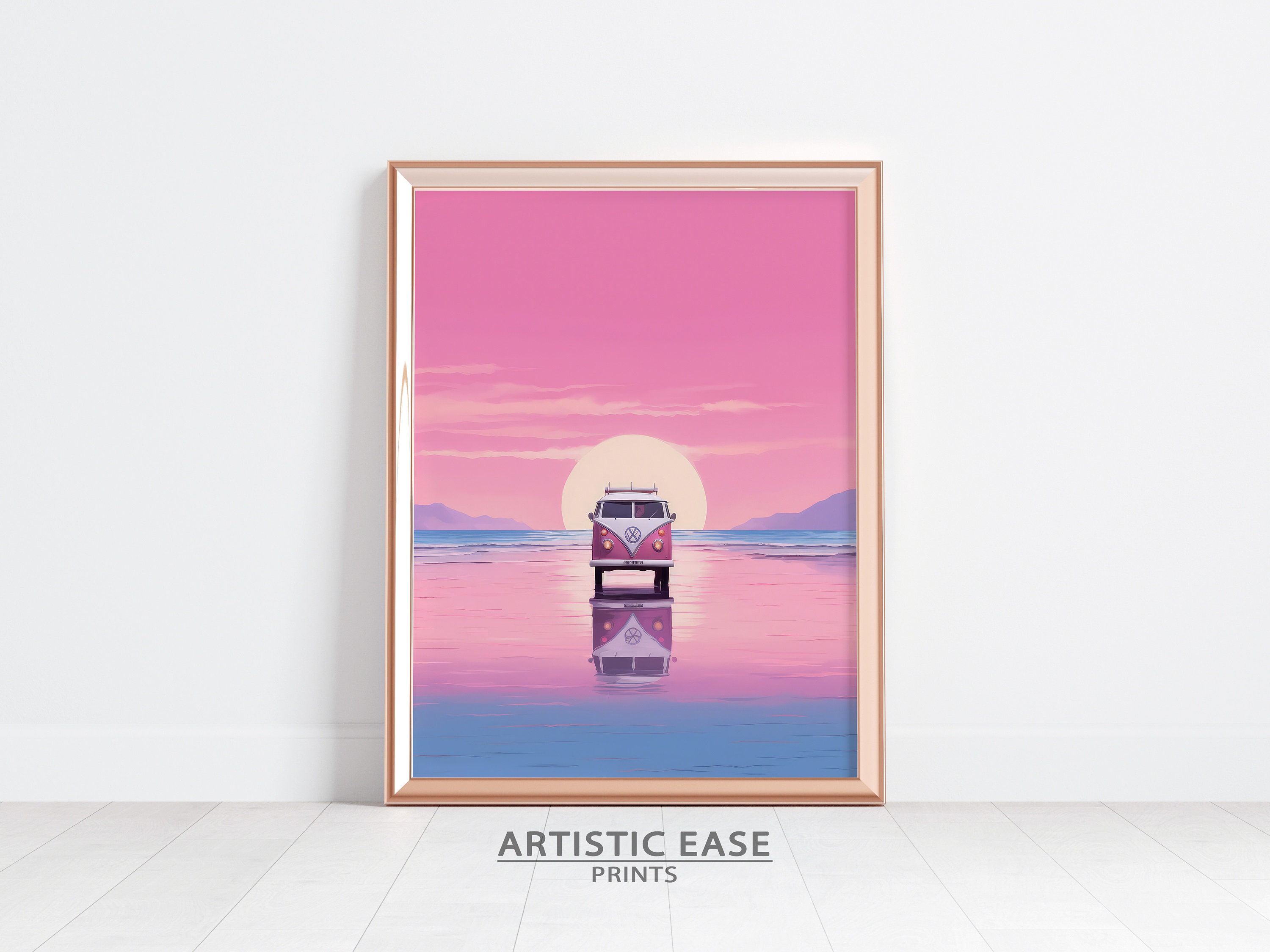 Beach Poster Art With Retro Bus, Coastal Van Wall Art Print, Boho Bus ...