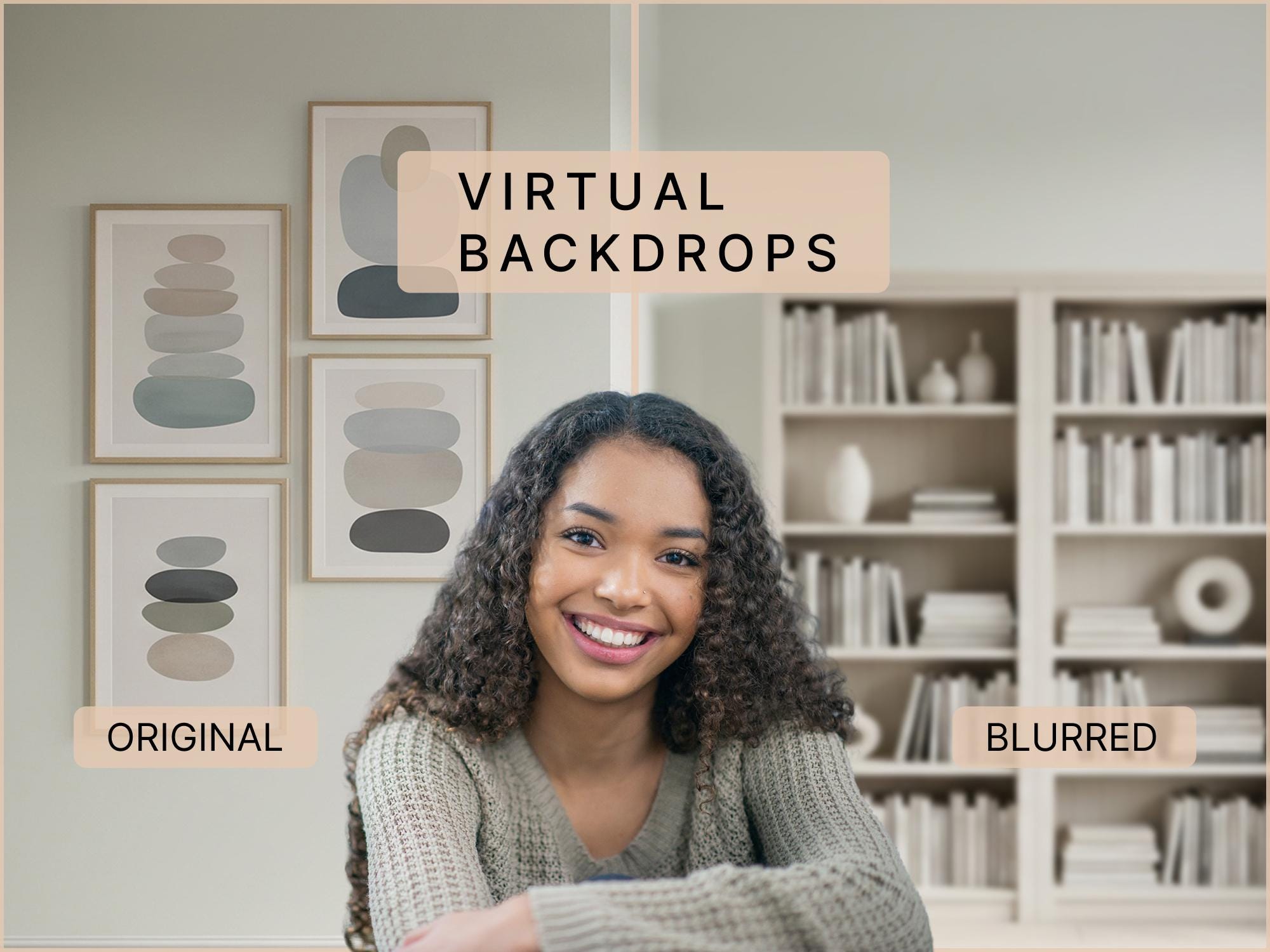 Therapy Office Zoom Background, Minimalist Neutral Bookshelf Virtual ...