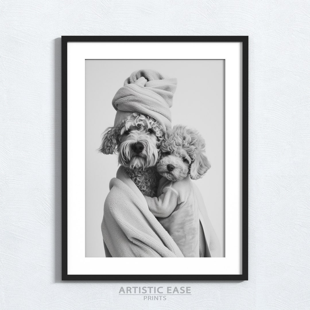 Cockapoo Wears Bathrobe in Bath, Bathroom Humor, Funny Bathroom Print ...