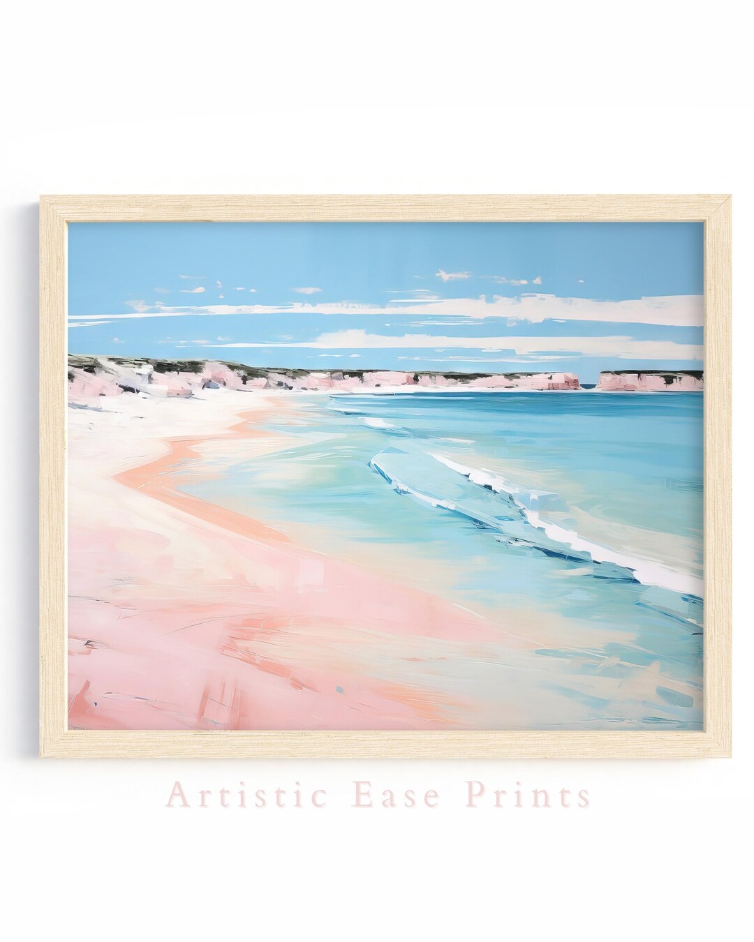 Pink and Blue Beach Painting, Coastal Pink Abstract Painting, Beach ...