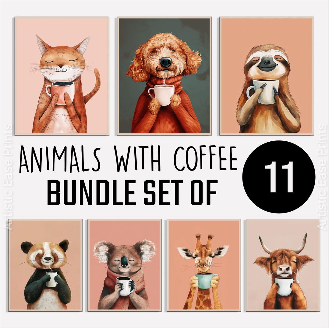 Animals With Coffee Art Prints: Funny Kitchen Decor (set of 11 ...