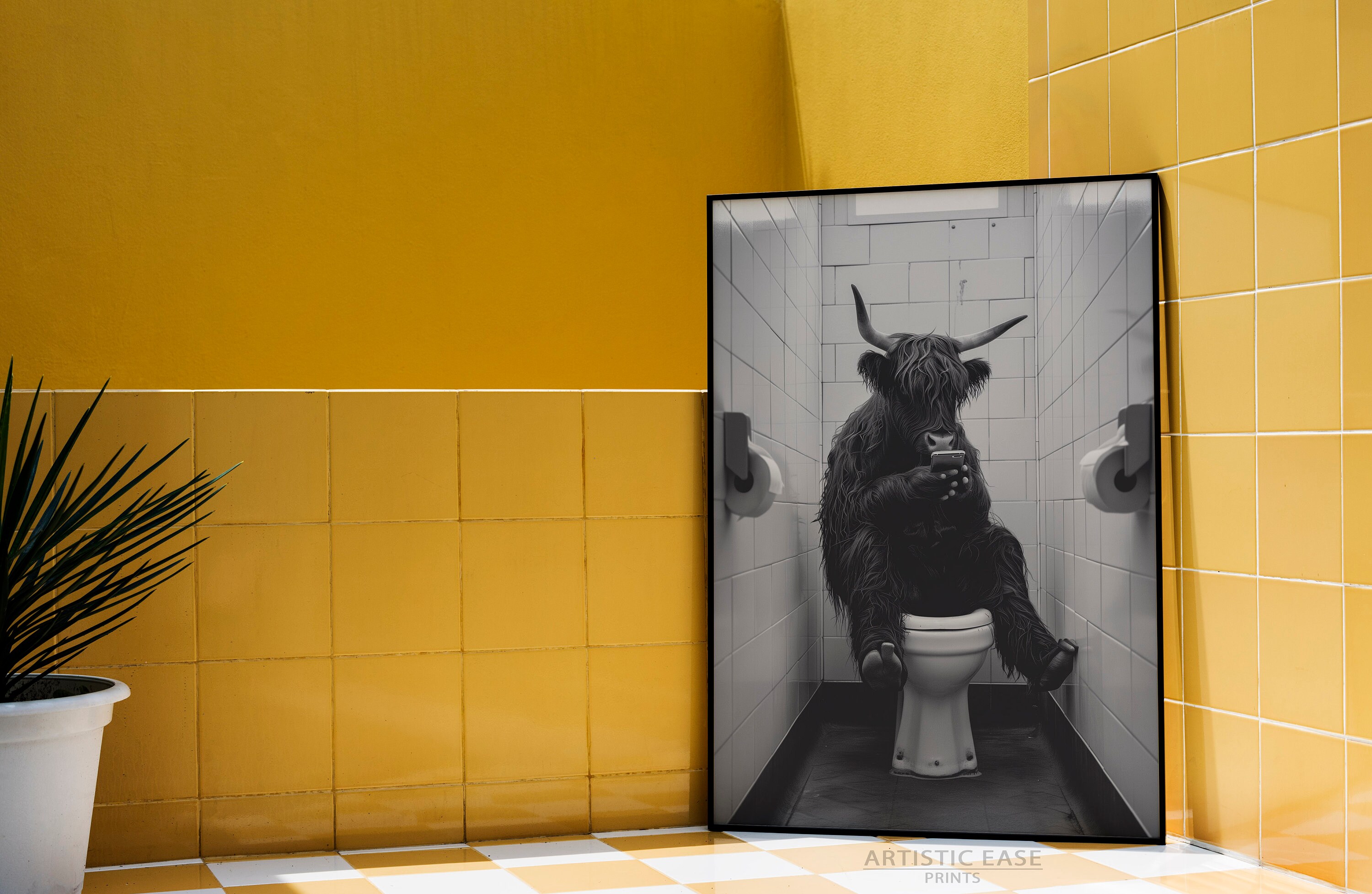 Funny Bathroom Art Highland Cow on Toilet Playing With Phone, Animal ...