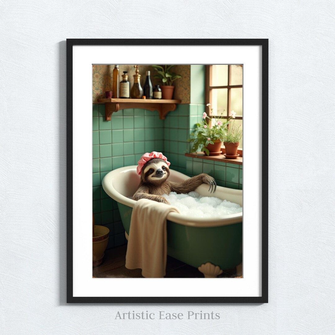 Sloth in Bathtub Print: Funny Animal Bathroom Wall Art (digital ...