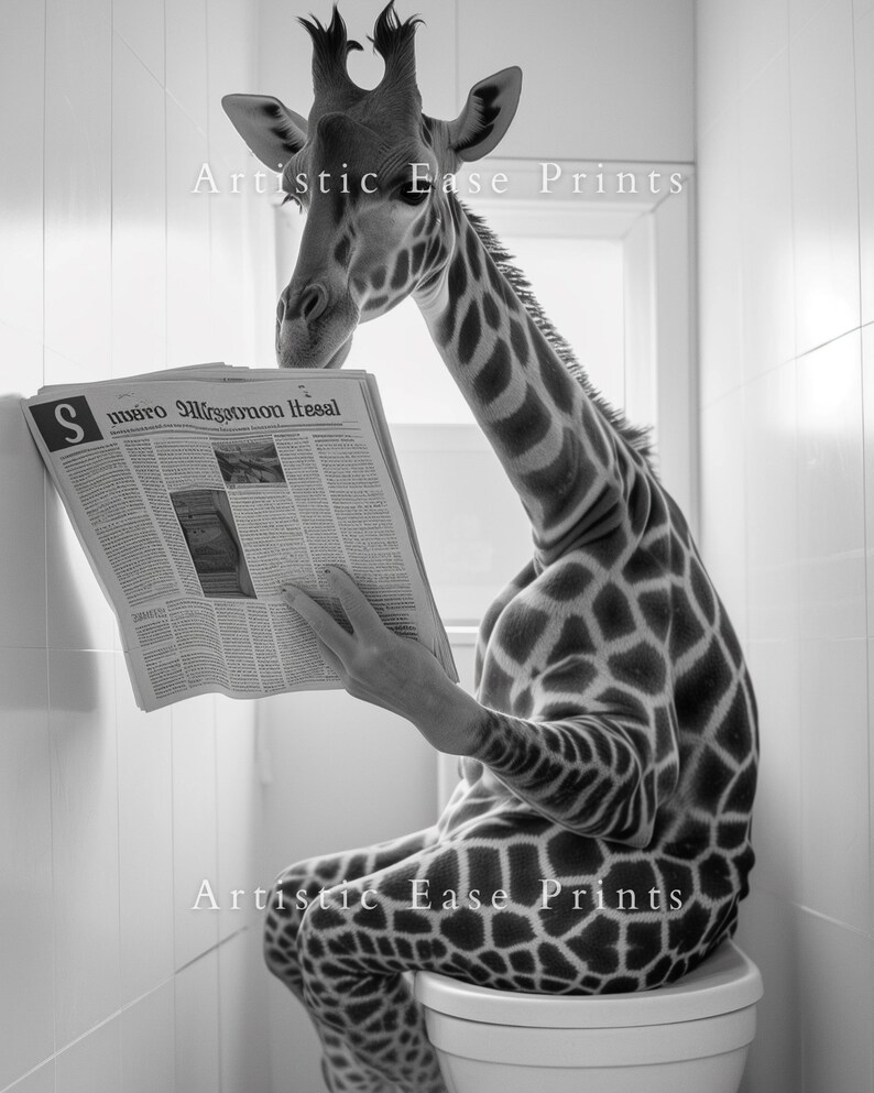 Funny Bathroom Art Giraffe on Toilet Poster, Animal Restroom Decor ...