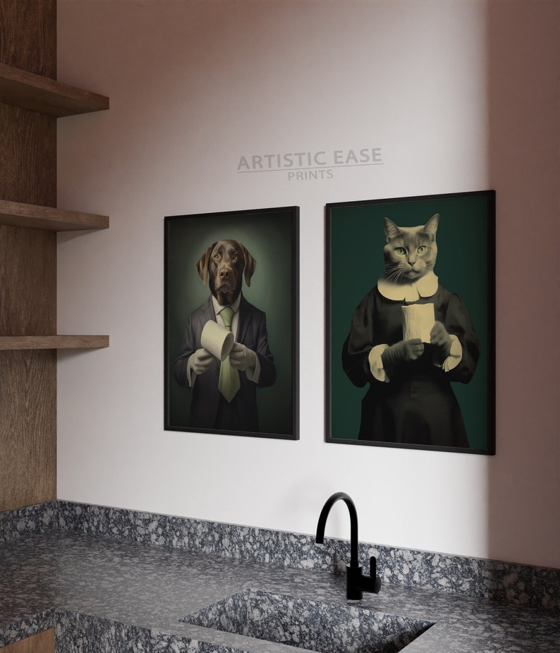 Funny Bathroom Set of 2 Dog Cat Portrait, Funny Toilet Poster, Humorous ...