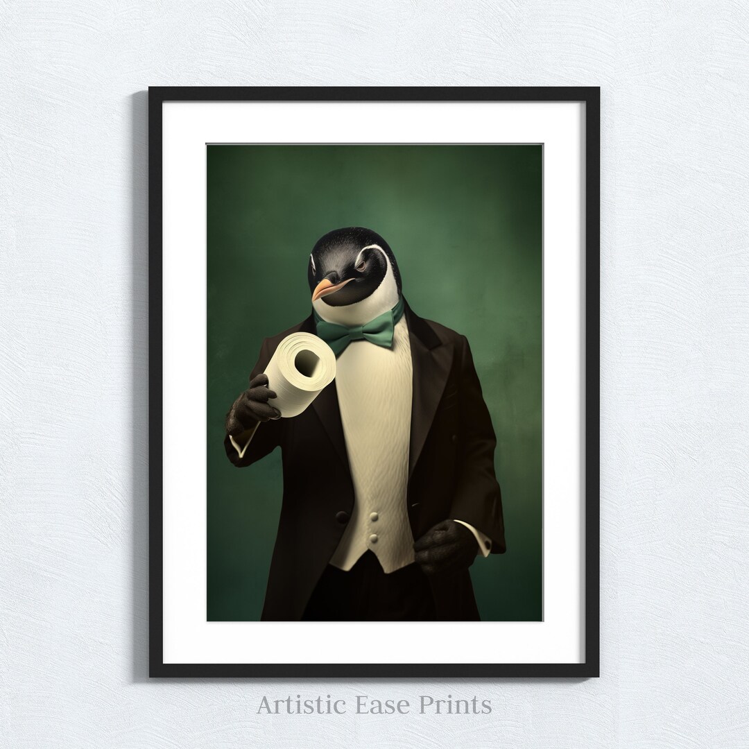 Funny Bathroom Penguin Portrait Art, Funny Toilet Poster, Humorous ...
