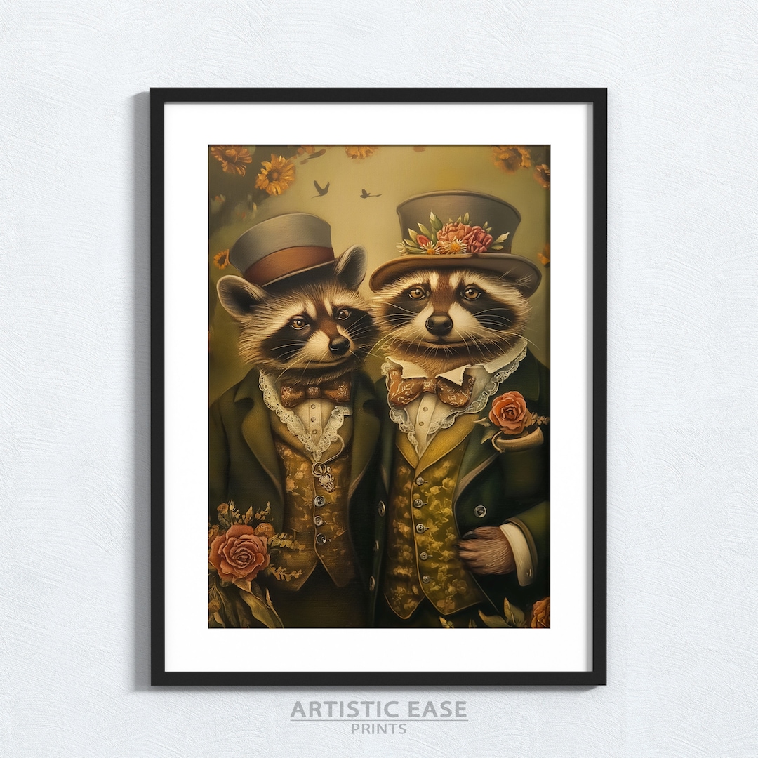 Vintage Victorian Portrait of Raccoon Couple - Cottagecore Animal Wall ...