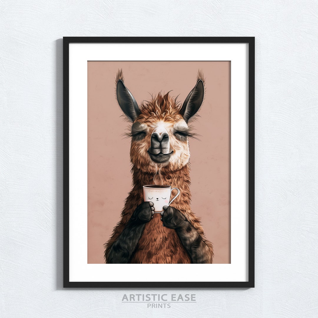 Cute Llama With Coffee Poster, Animal Print Wall Decor for Kitchen ...
