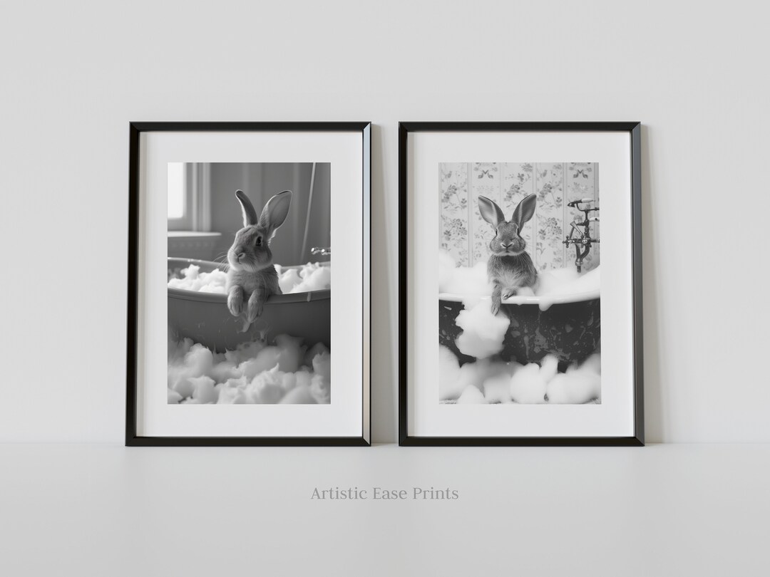 Cute Rabbit in Bathtub, Bathtime Art Set, Animal in Bathtub, Cute ...