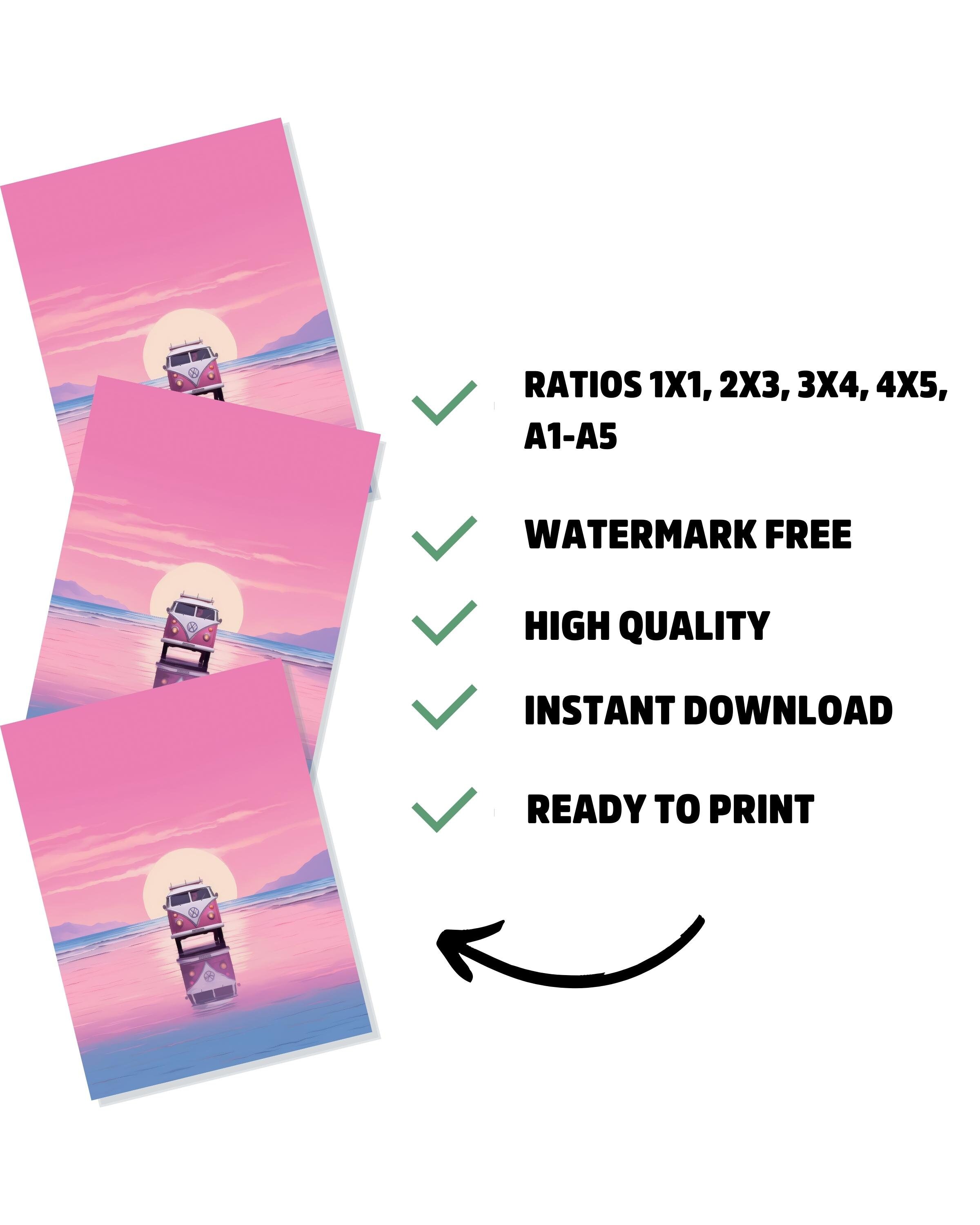 Beach Poster Art With Retro Bus, Coastal Van Wall Art Print, Boho Bus ...