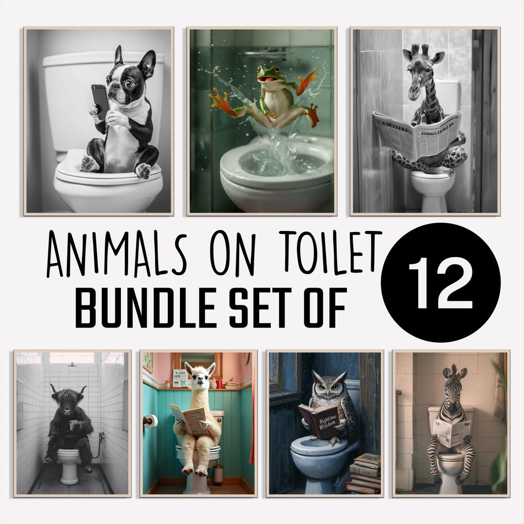 Animals on Toilet Wall Art Set, Funny Bathroom Art, Whimsical Animal ...