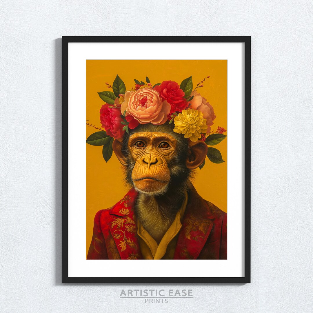 Floral Monkey Portrait Art Print - Funny Animal Poster, Whimsical ...