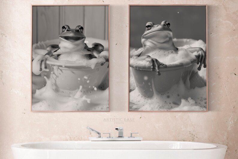 Cute Frog in Tub Printable Wall Art Set, Bathroom Art Print, Animal in ...