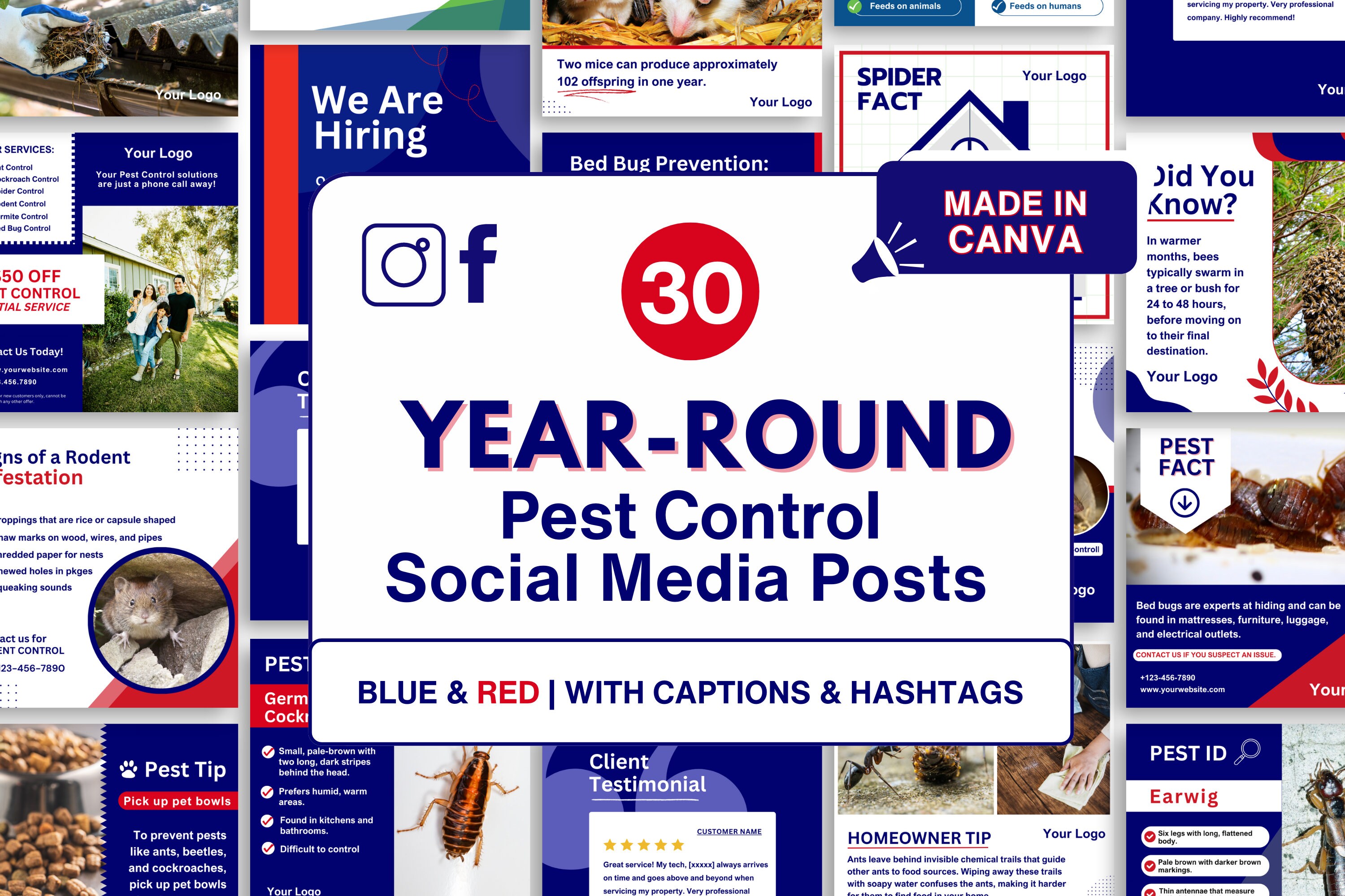 Pest Control Social Media Posts for Instagram and Facebook Blue and Red ...