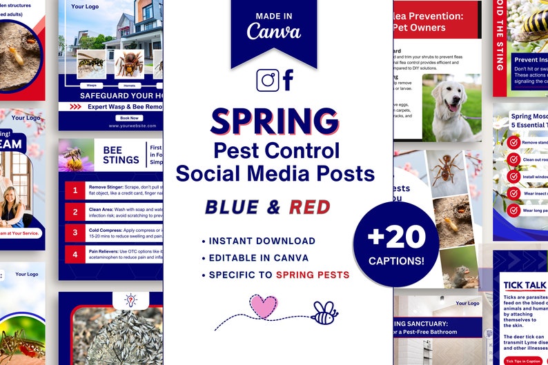 Spring Pest Control Social Media Templates Pack Pest Control Blue & Red ...