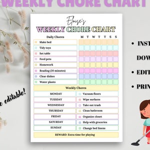 Editable Weekly Chore Chart for Kids, Daily Routine Chart for Kids ...
