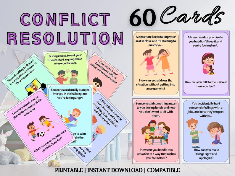 Conflict Resolution Flashcards for Kids, School Teacher SEL Kids Cards ...
