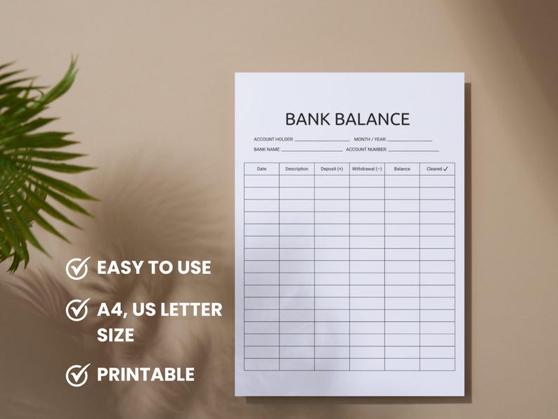 Printable Bank Balance Sheet | Finance Log, Income & Spending Tracker ...