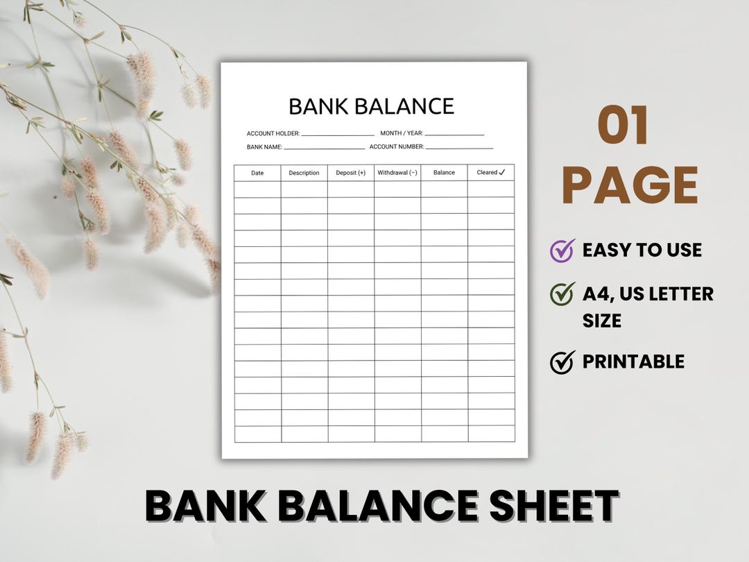 Printable Bank Balance Sheet | Finance Log, Income & Spending Tracker ...