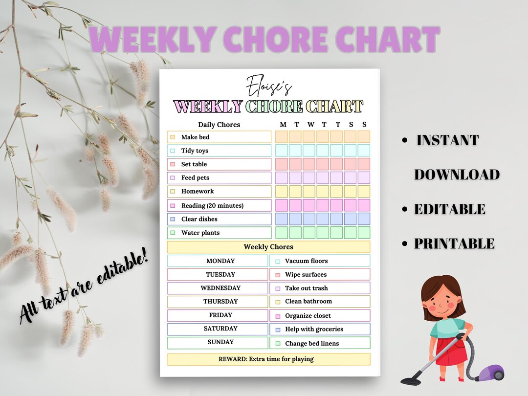 Editable Weekly Chore Chart for Kids, Daily Routine Chart for Kids ...