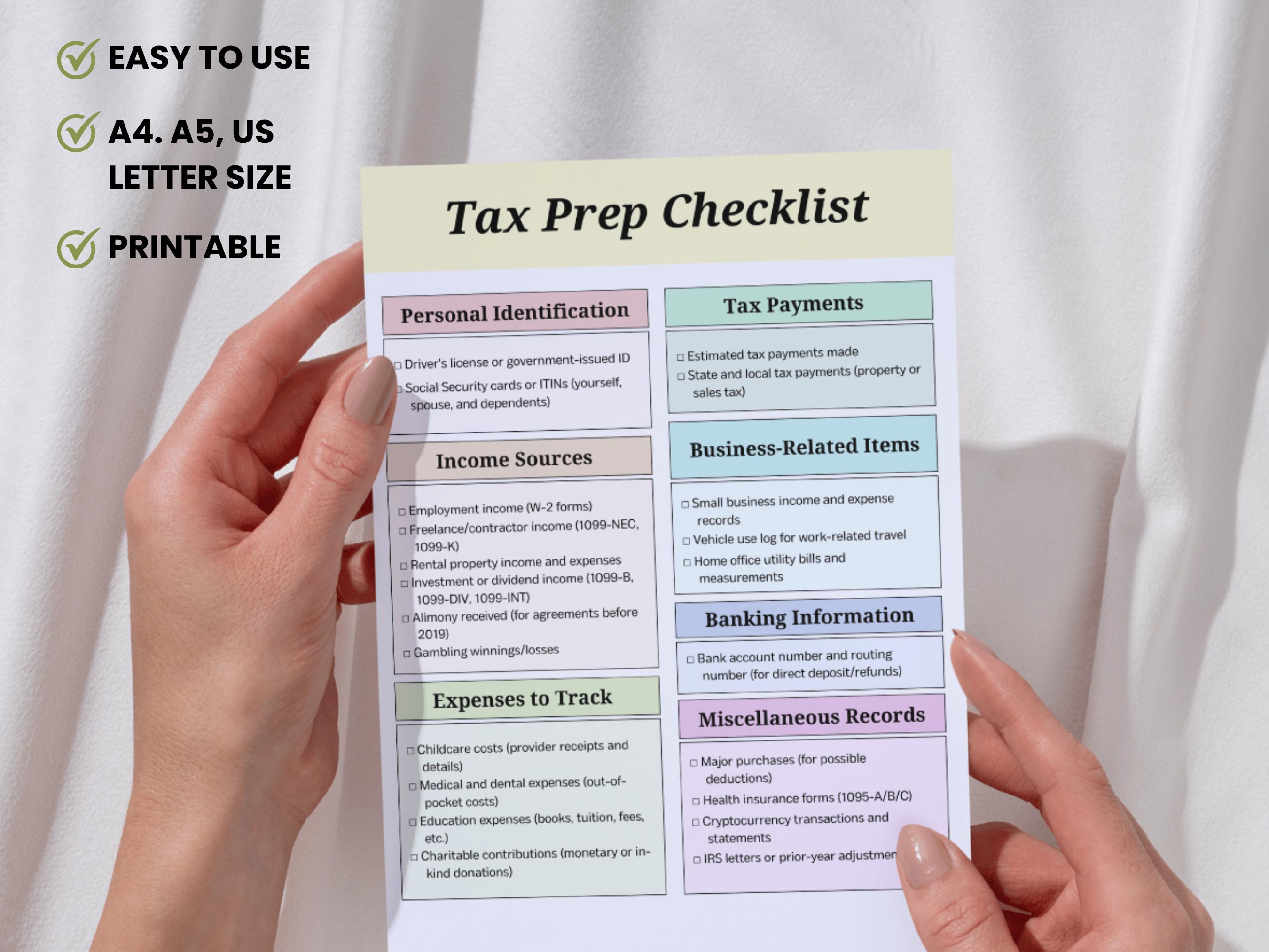 Tax Return Checklist,tax Prep,tax Deductions,tax Prep Checklist,tax Log ...