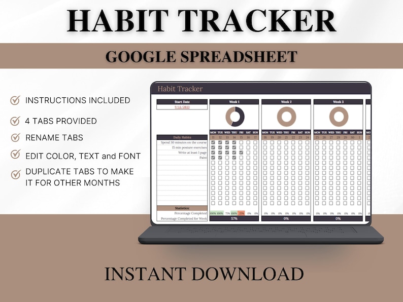Habit Tracker Spreadsheet Google Sheet Daily Weekly Monthly Habit ...