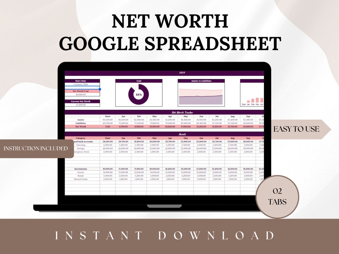 Net Worth Tracker Spreadsheet for Google Sheets, Net Worth Dashboard ...