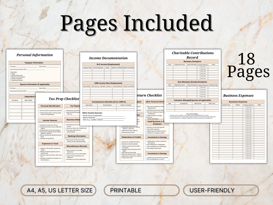 Tax Return Binder Checklist, Tax Organizer Binder, Tax Prep Deductions ...