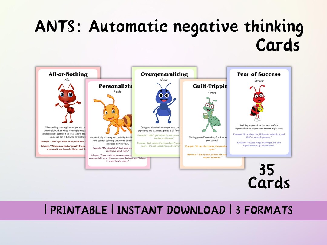 Automatic Negative Thoughts Cards for Kids, Cognitive Distortions ...