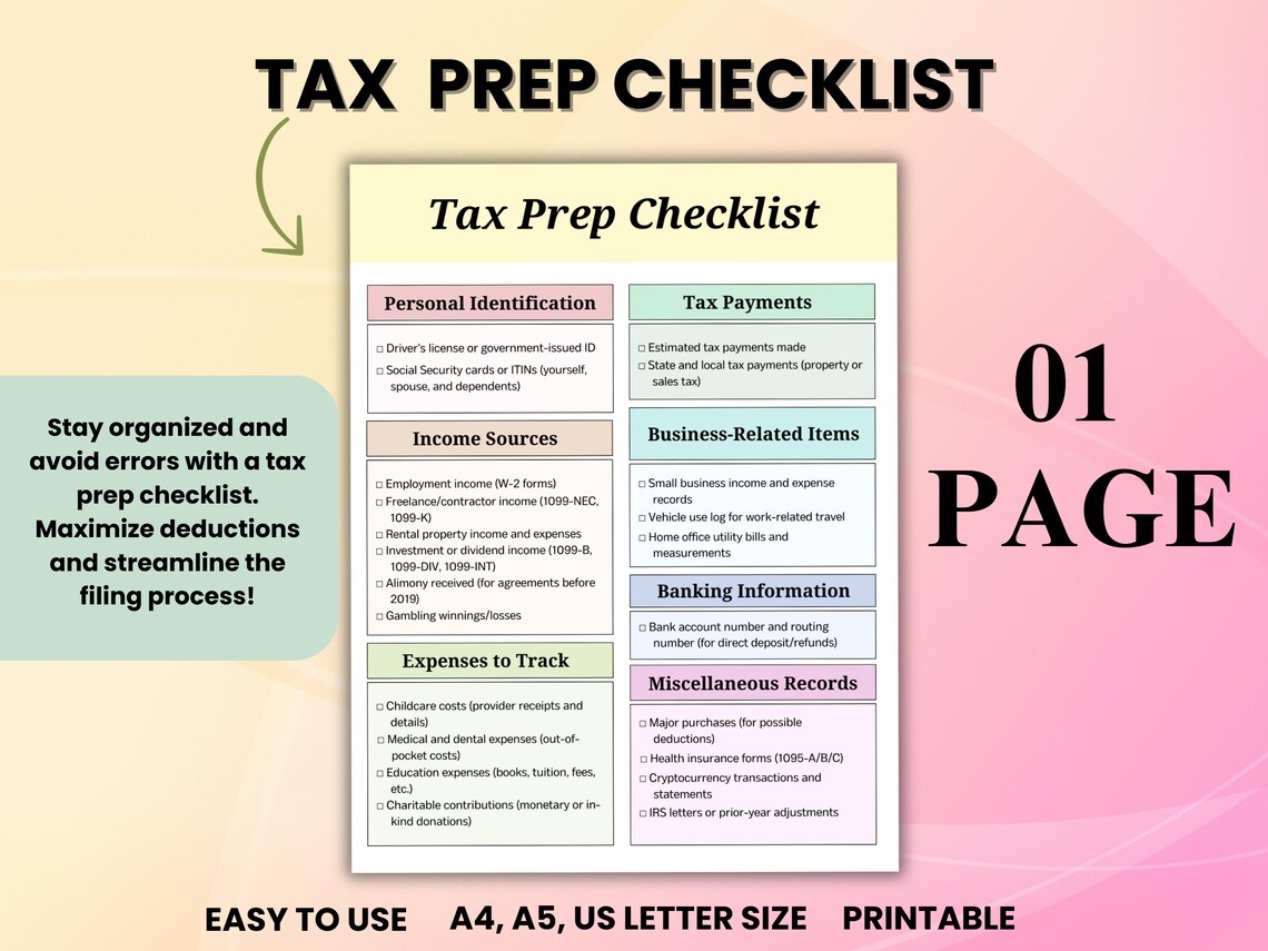 Tax Return Checklist,tax Prep,tax Deductions,tax Prep Checklist,tax Log ...