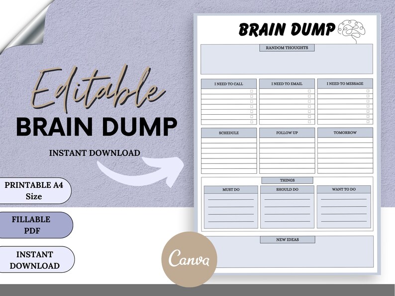 FILLABLE Brain Dump Journal Productivity Planner, Thought Organizer ...
