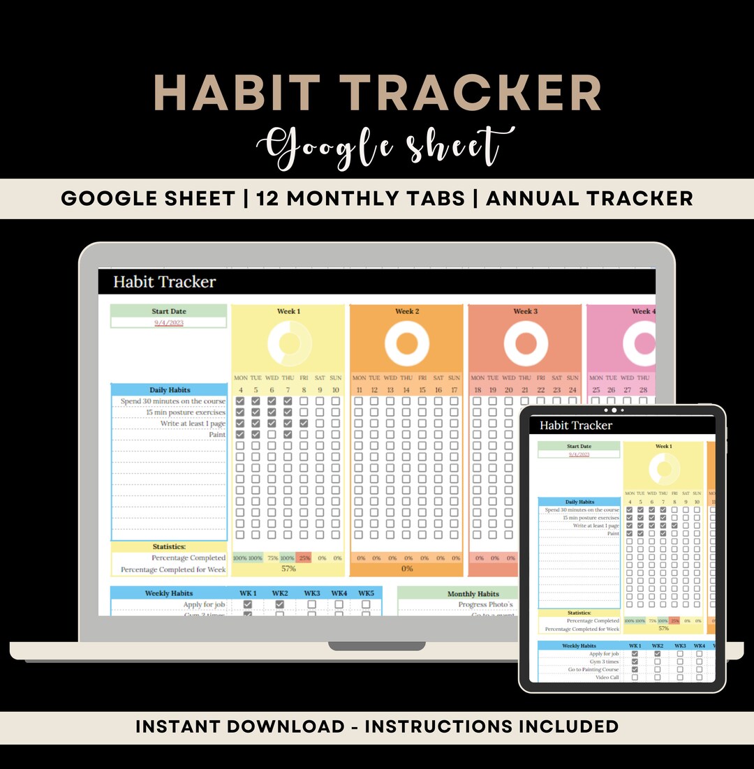 Habit Tracker Spreadsheet Google Sheet Excel Template Daily Weekly ...