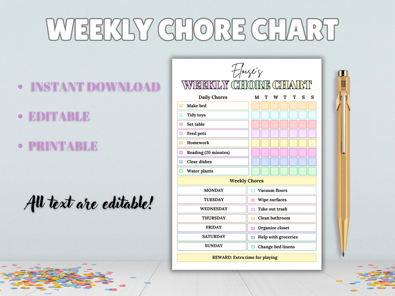 Editable Weekly Chore Chart for Kids, Daily Routine Chart for Kids ...