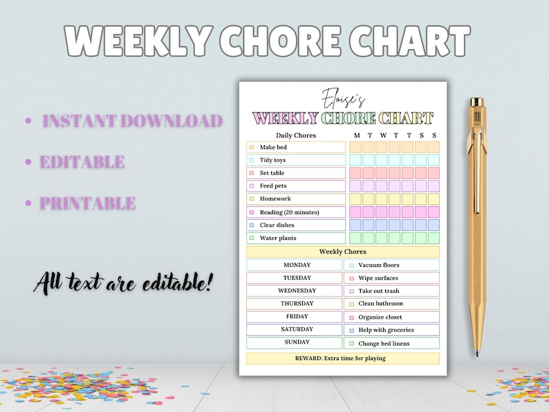 Editable Weekly Chore Chart for Kids, Daily Routine Chart for Kids ...
