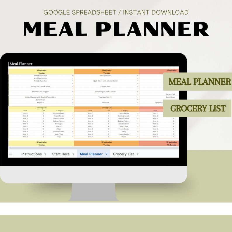 Google Sheet Meal Planner Excel Spreadsheet Weekly Meal Plan Template ...