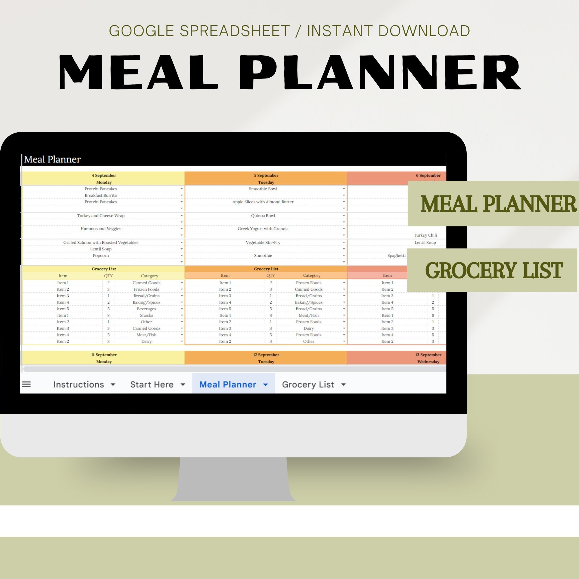 Google Sheet Meal Planner Excel Spreadsheet Weekly Meal Plan Template ...