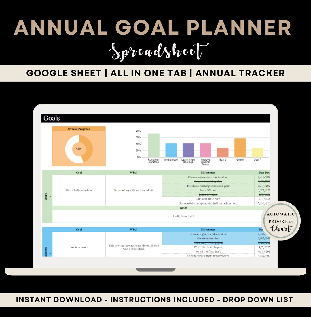 Goal Planner Google Sheets Spreadsheet, Goals Setting and Productivity ...