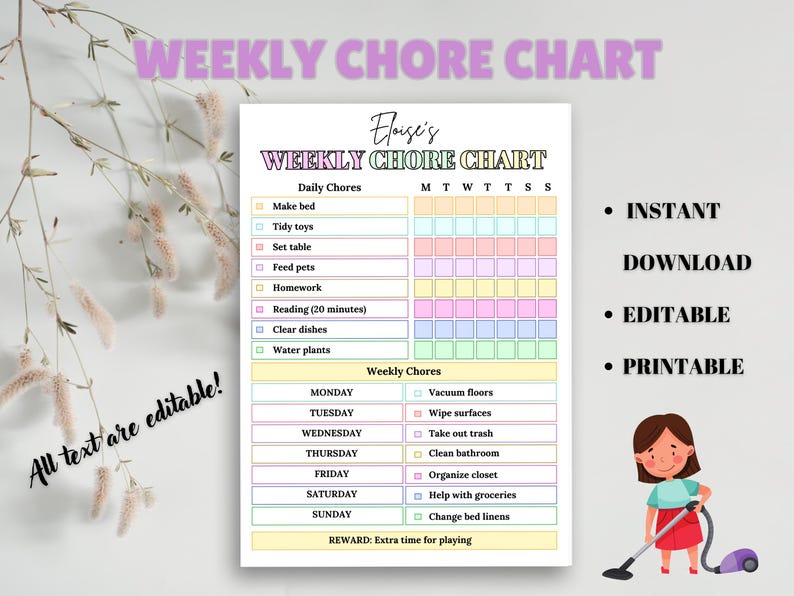 Editable Weekly Chore Chart for Kids, Daily Routine Chart for Kids ...
