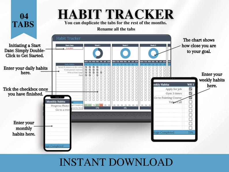Habit Tracker Spreadsheet Google Sheet Excel Template Daily Weekly ...