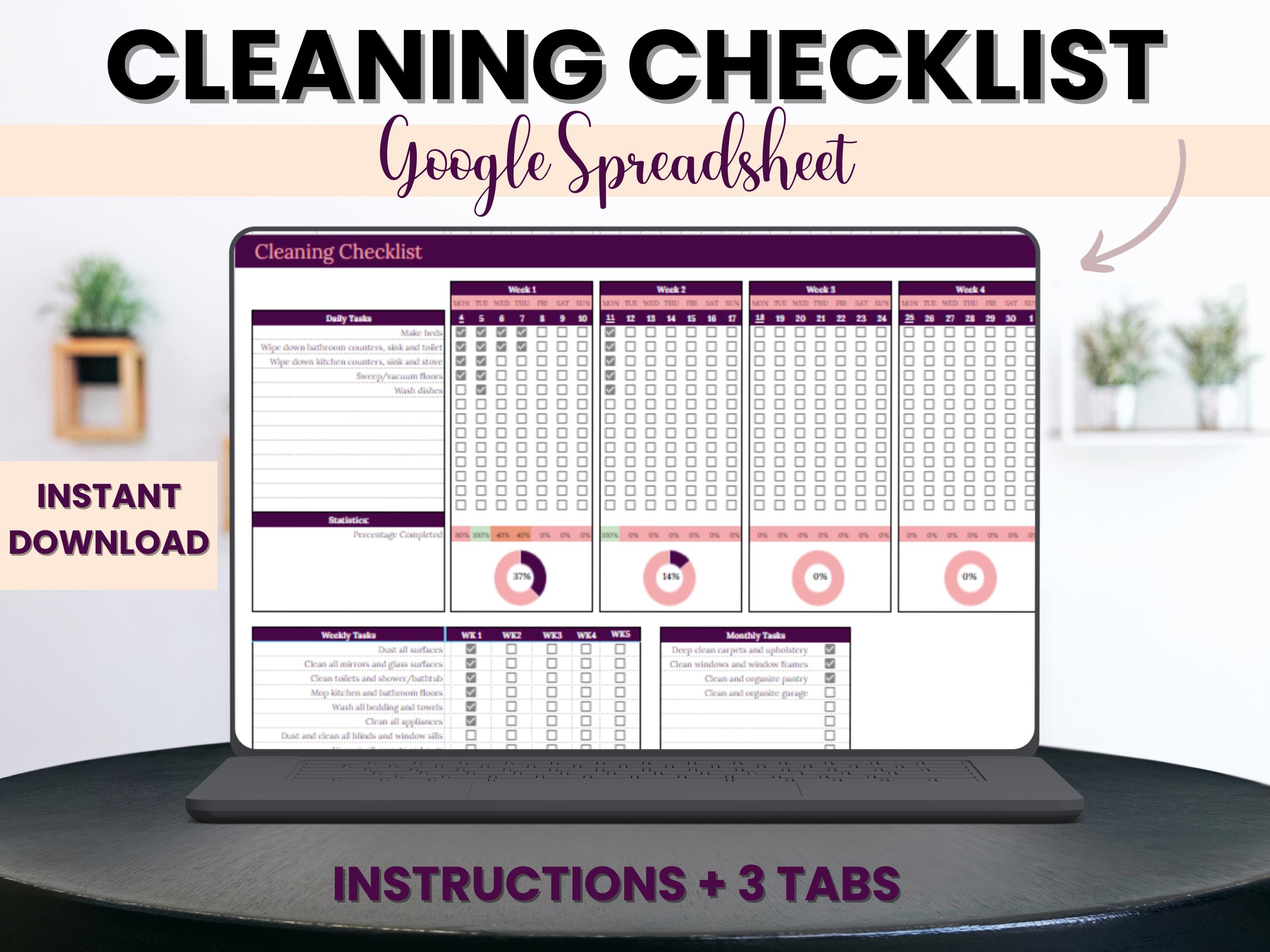 Cleaning Checklist Spreadsheet Template for Google Sheets, Cleaning ...