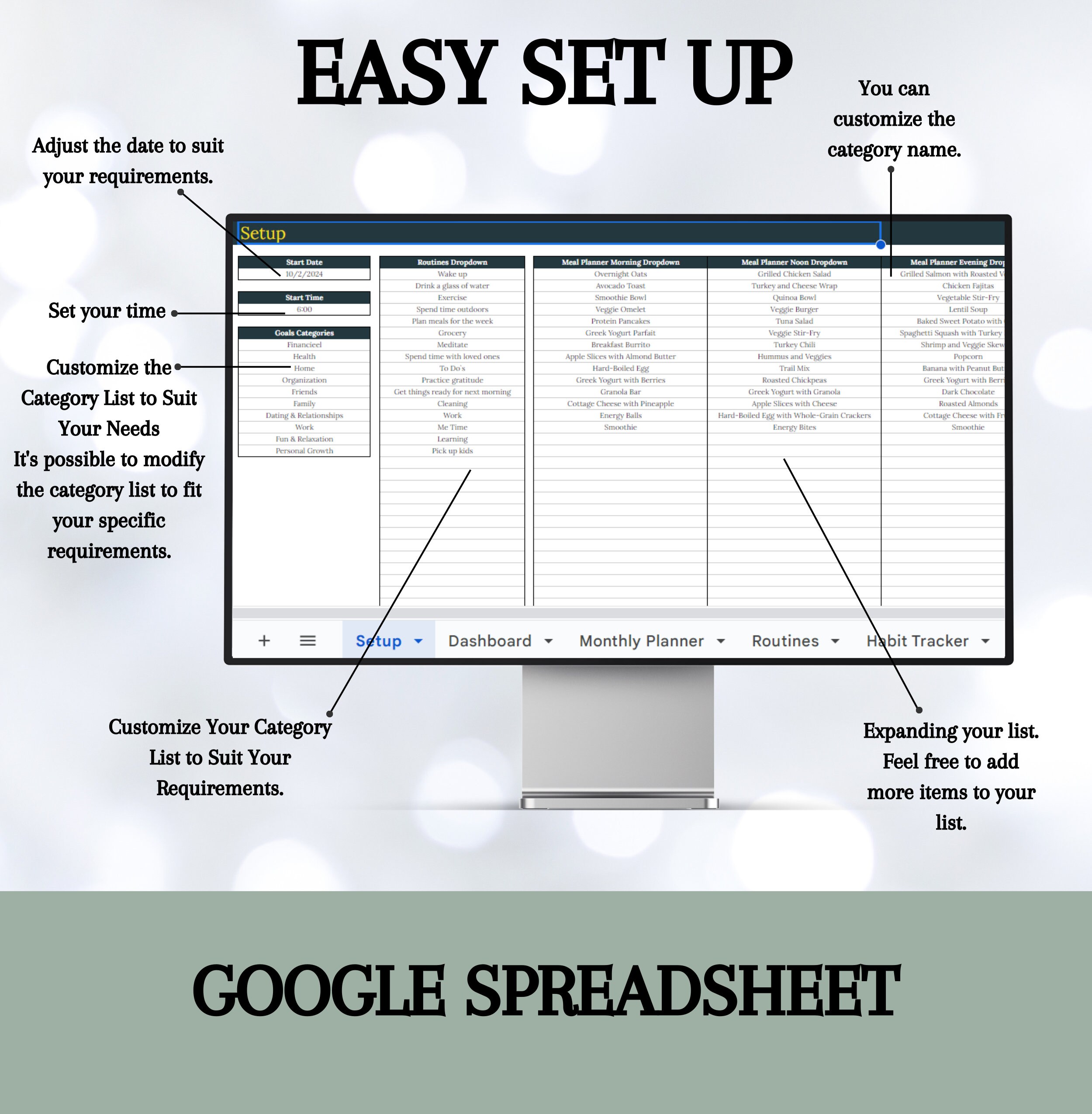 Google Sheet Life Planner Habit Tracker Daily Schedule Task Tracker ...