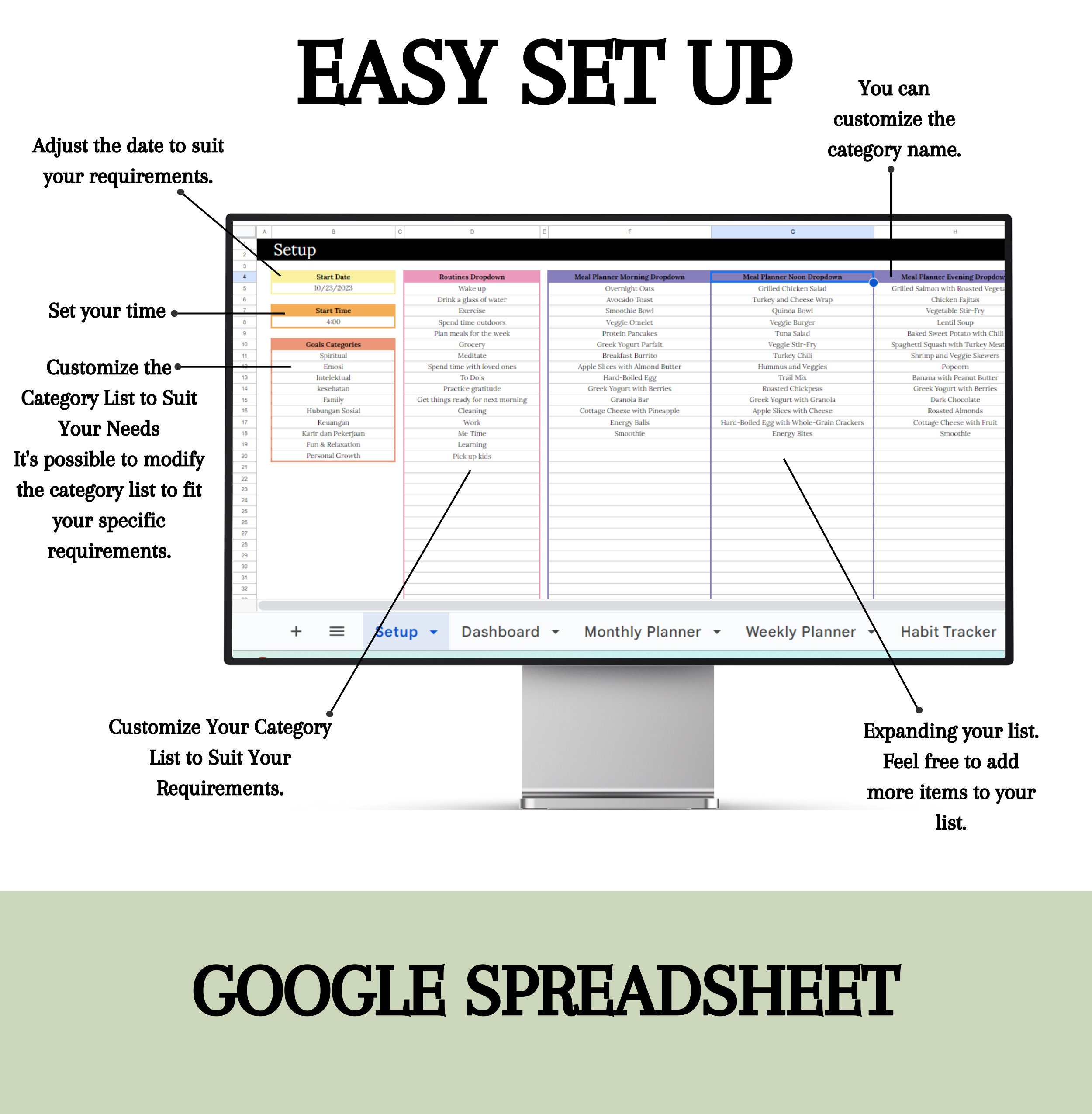 Google Sheet Life Planner Habit Tracker Daily Schedule Task Tracker ...