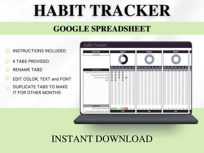 Habit Tracker Spreadsheet Google Sheet Daily Weekly Monthly Habit ...