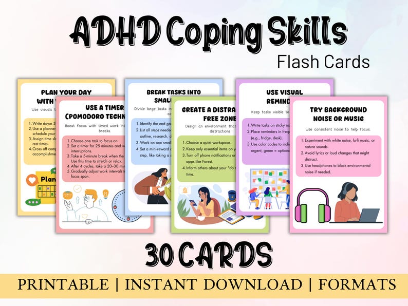 ADHD Coping Skills Cards, ADHD Therapy Tools, ADHD Bundle, Adhd for ...