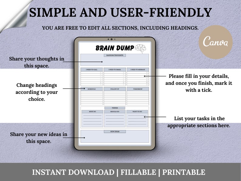 FILLABLE Brain Dump Journal Productivity Planner, Thought Organizer ...