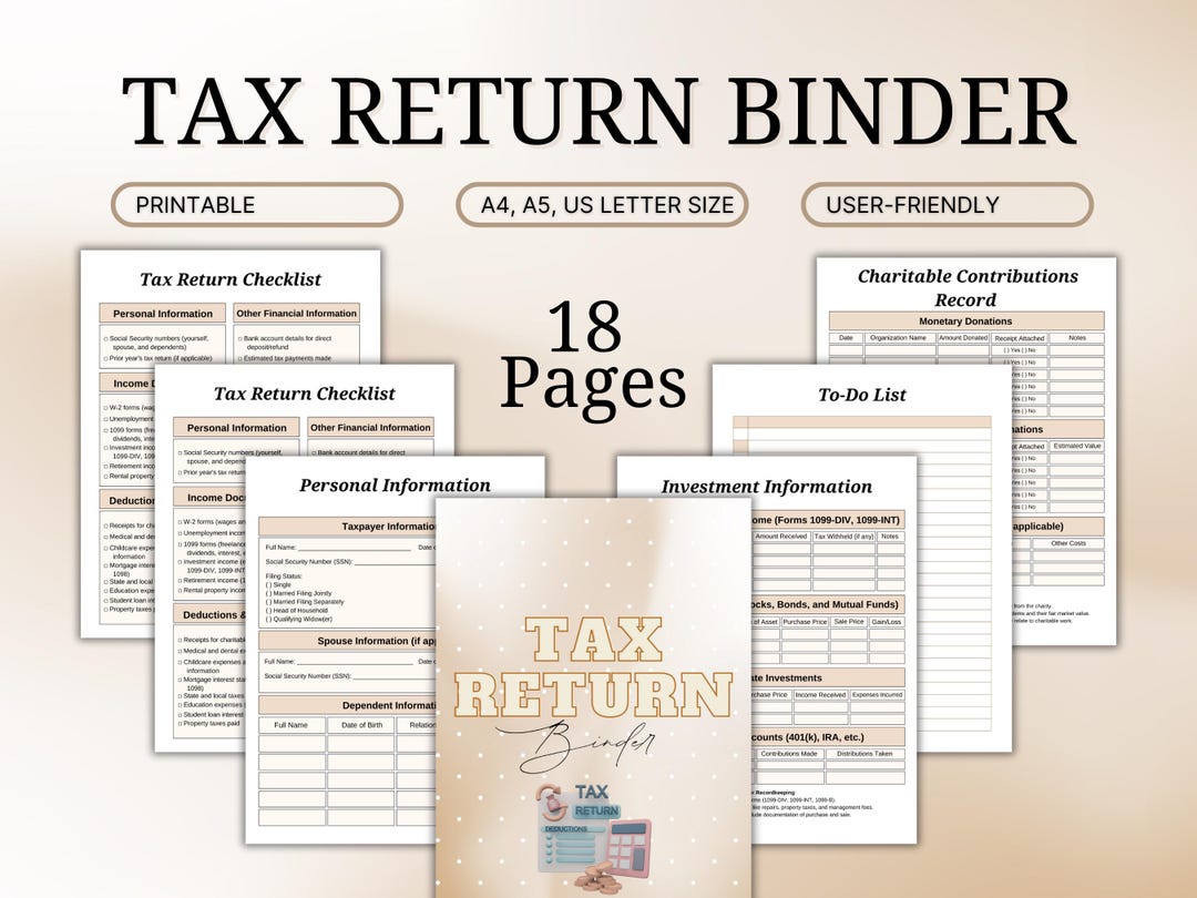Tax Return Binder Checklist, Tax Organizer Binder, Tax Prep Deductions ...