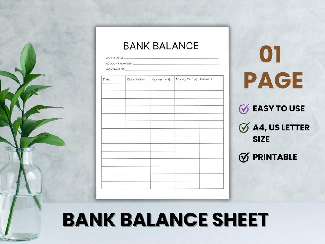 Bank Balance Sheet Printable | Money In/out Tracker (PDF) - Etsy