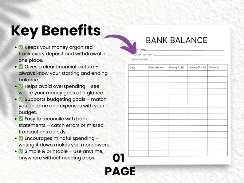 Bank Balance Sheet Printable | Bank Account Ledger | Money in Money Out ...