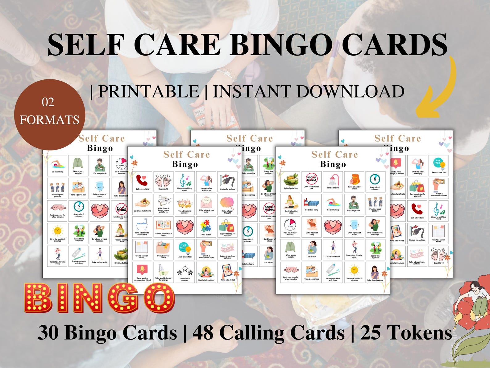 Self Care Bingo Game, 30 Bingo Cards With Calling Cards and Tokens ...