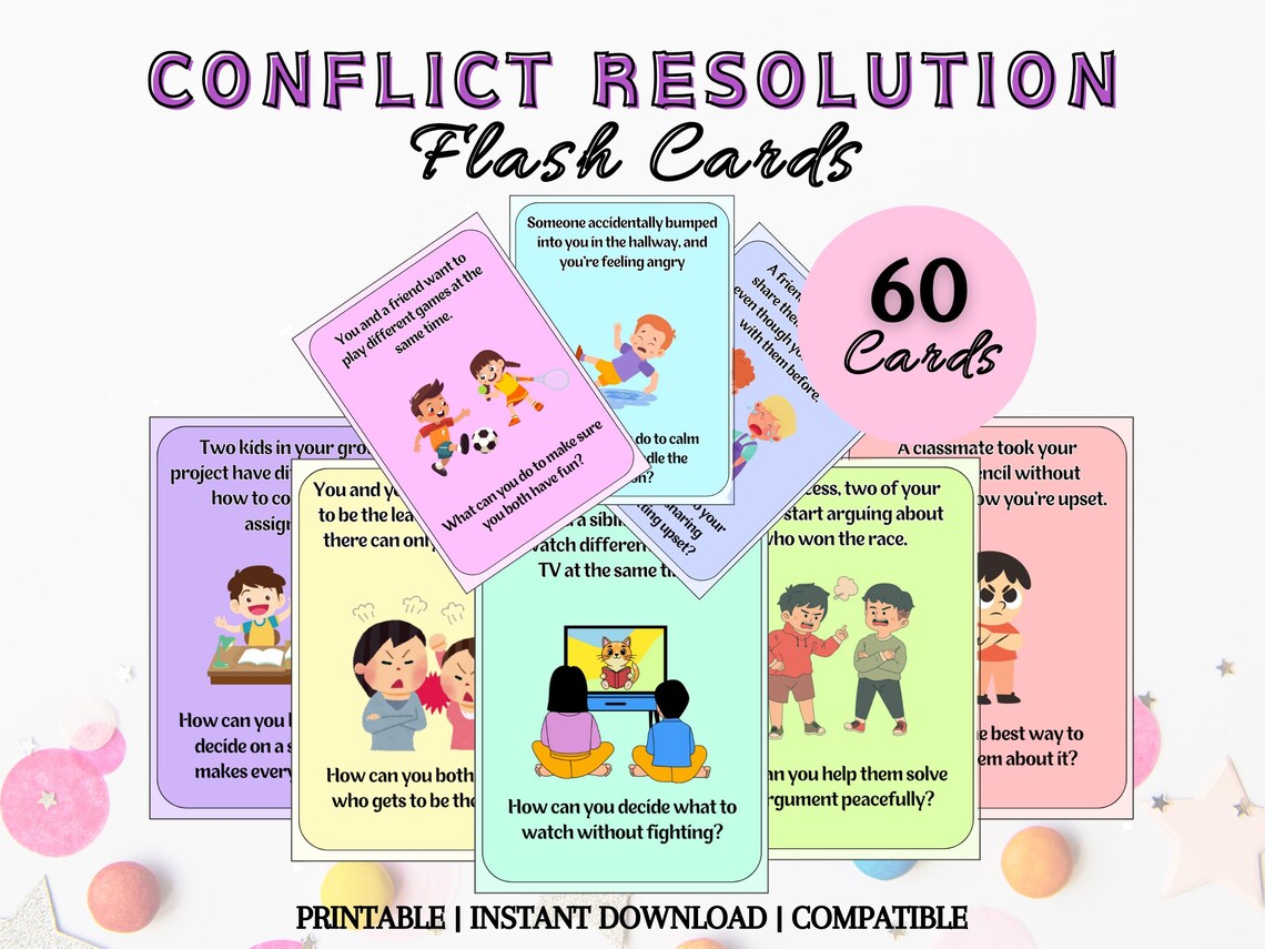 Conflict Resolution Flashcards for Kids, School Teacher SEL Kids Cards ...